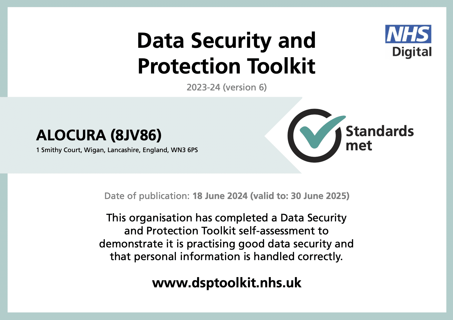 Certified NHS Digital Data Security and Protection standards
